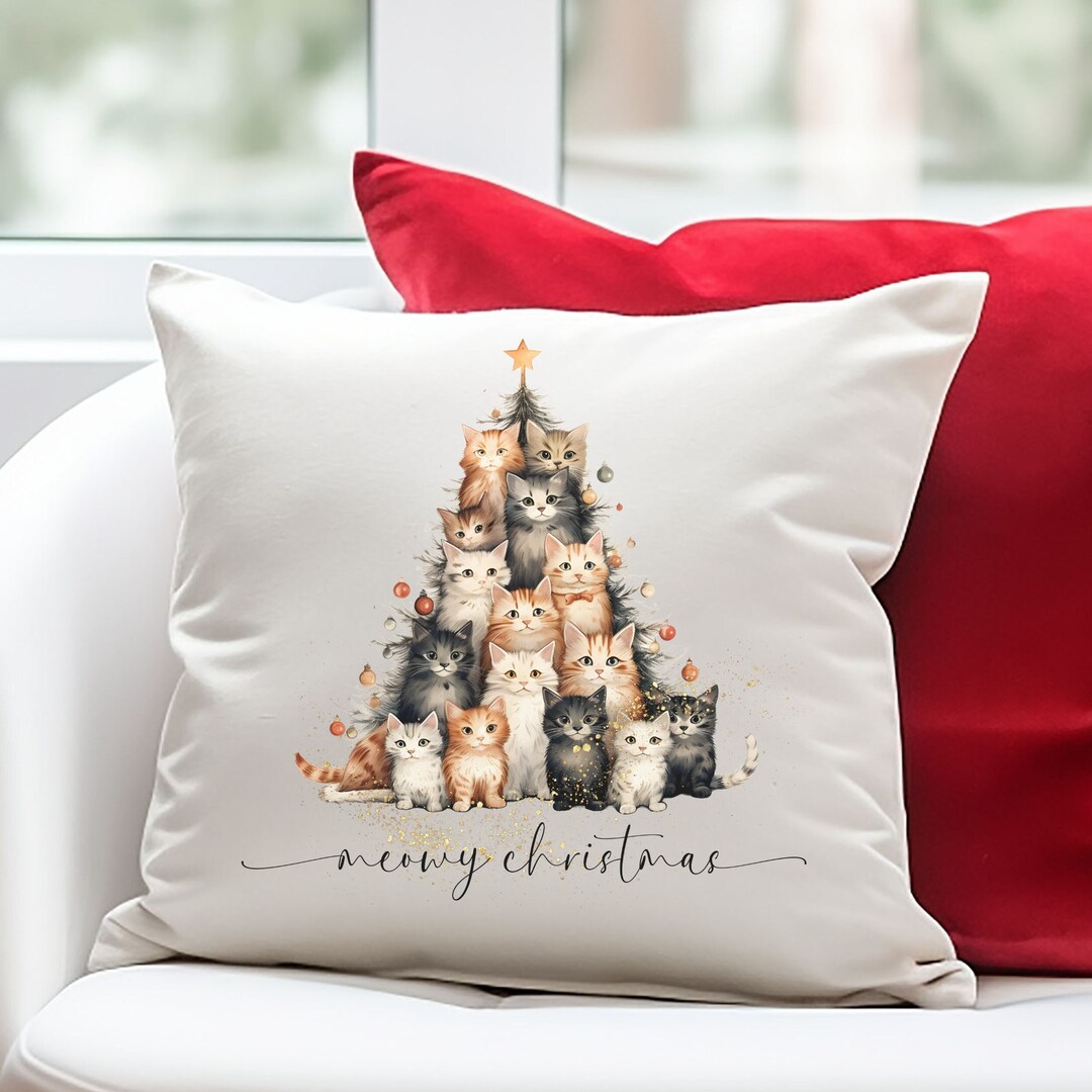 Cute Festive Cats Meowy Christmas Throw Pillow, Farmhouse, Cat Lover ...