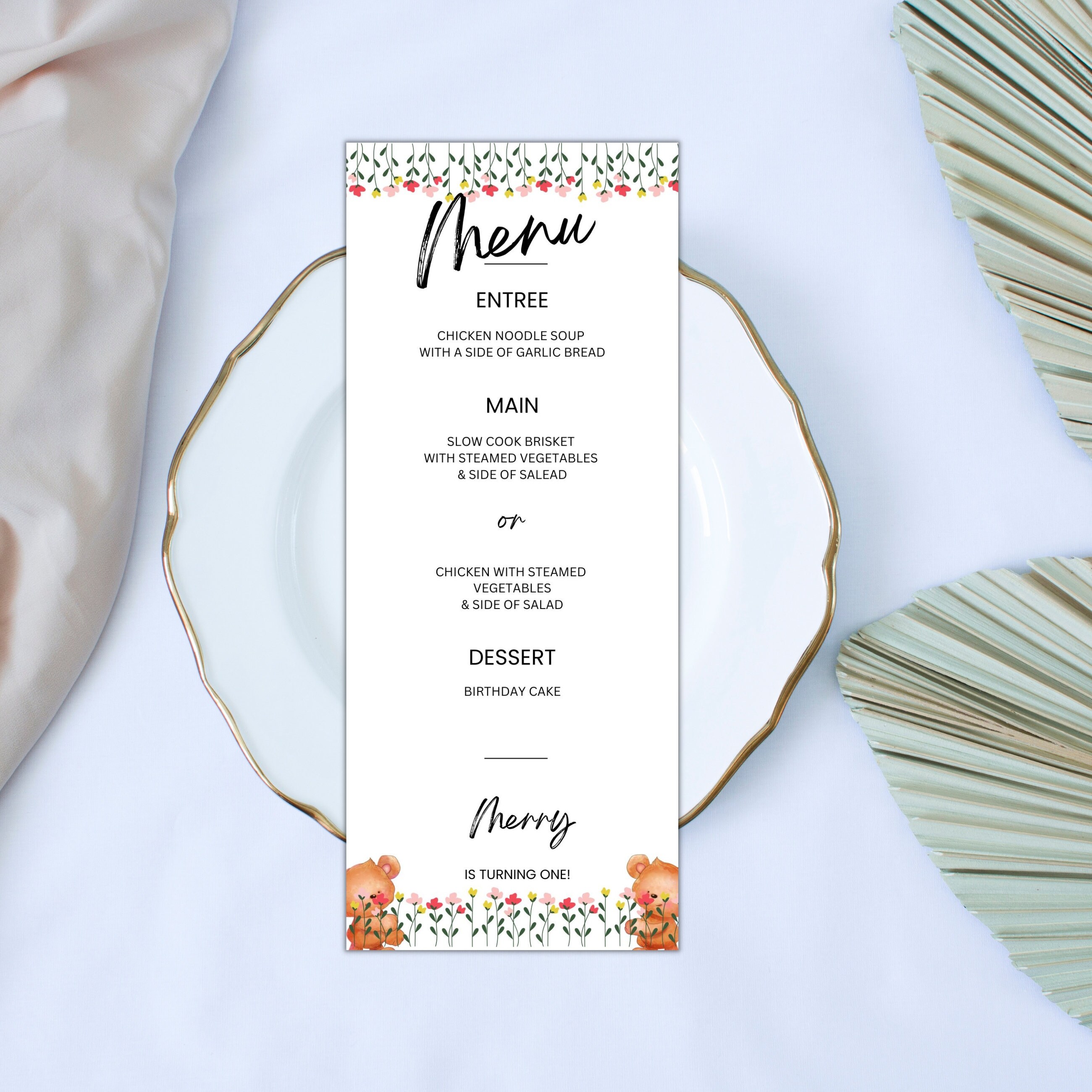 Modern Teddy Bear Menu Digital Download DIY Editable, Slim Table Menus ...