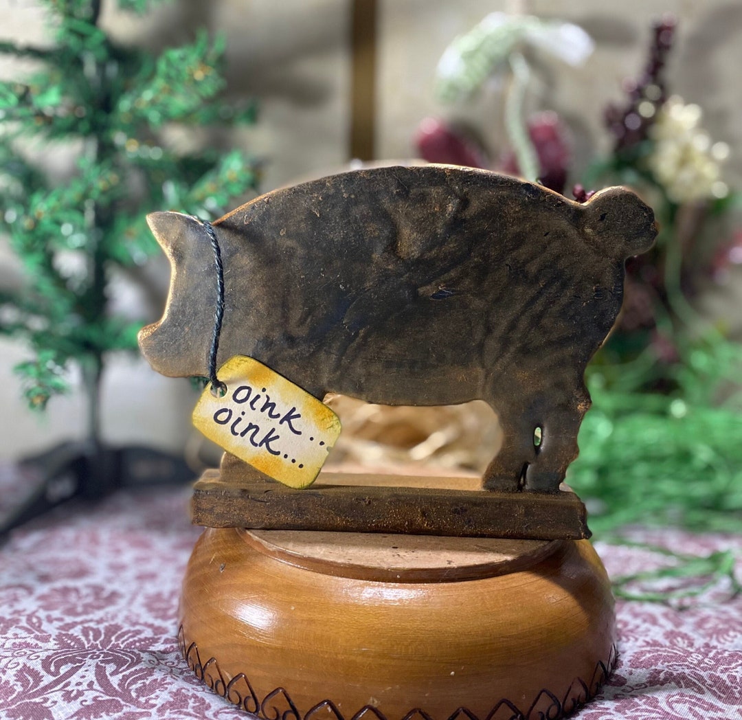 Pig, Shelf Sitter, Primitive, Wood Dipped in Beeswax, Dusted W ...