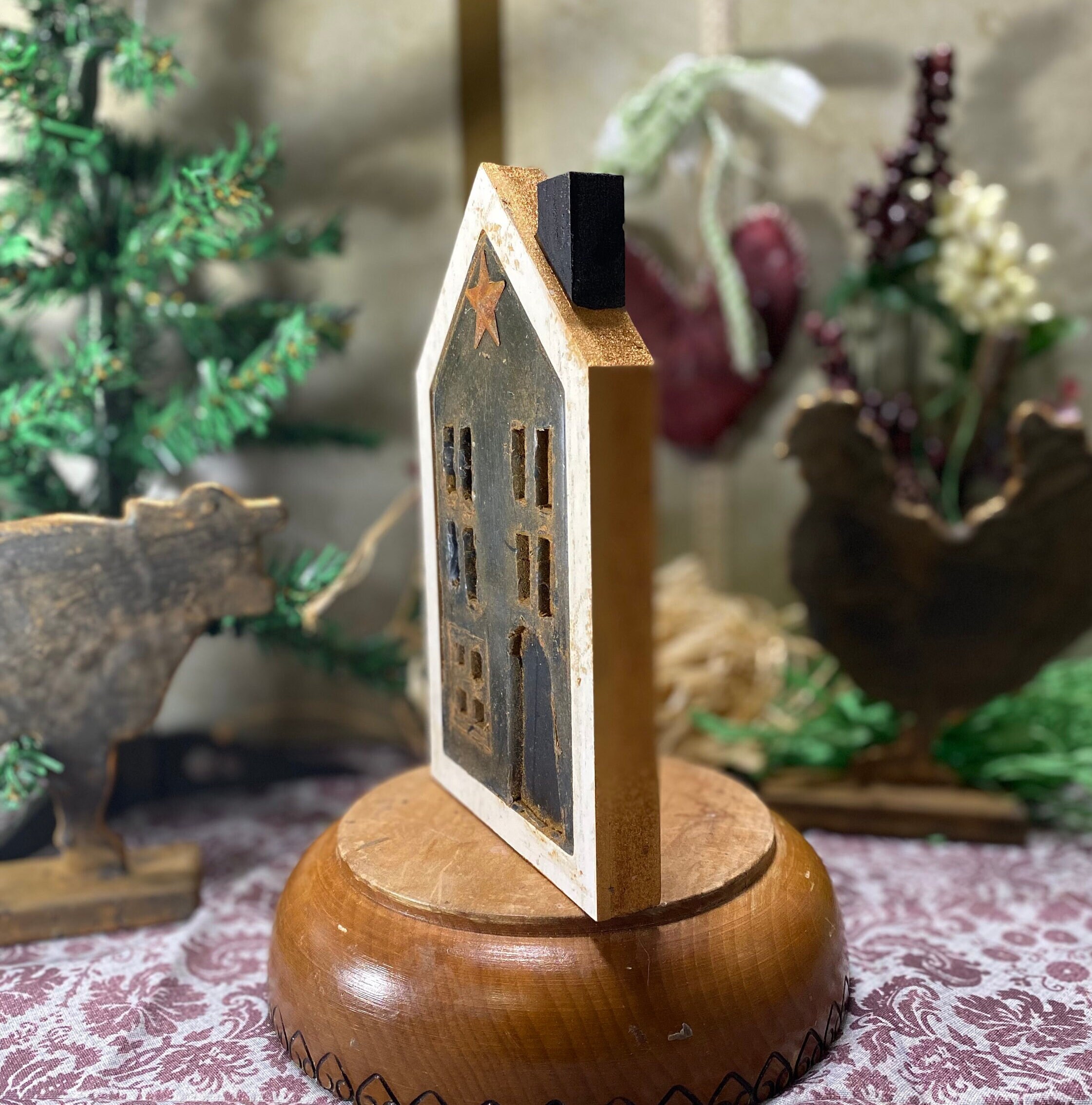 Primitive Salt Box House, Window, Shelf Sitter, Wood and Blackened ...