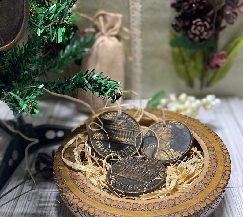 One Cent, American Penny Ornament, ONE-SIDED, Blackened Beeswax Dusted ...