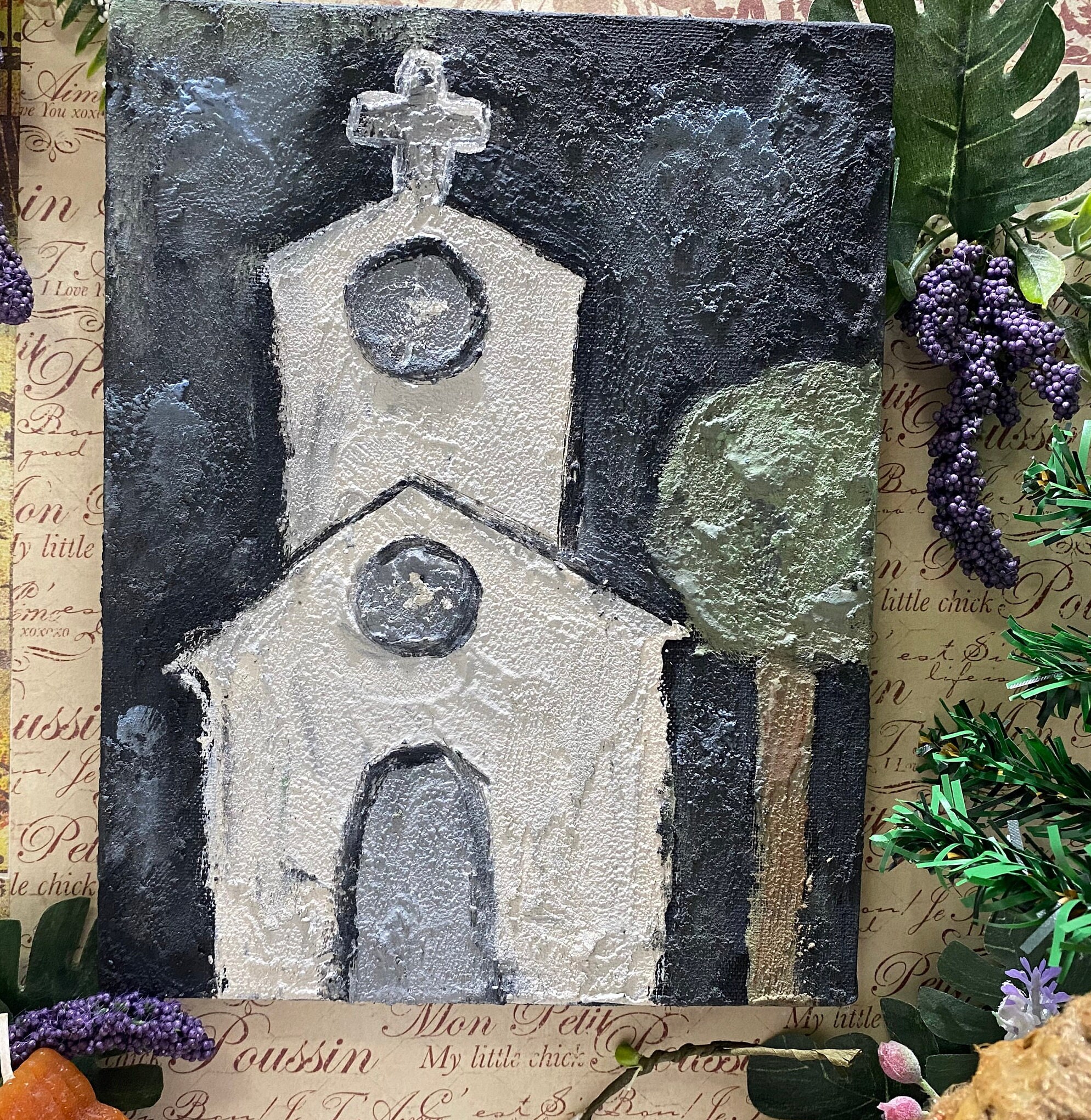 Primitive Church W Tree, Painting, Americana, Primitive Decor ...