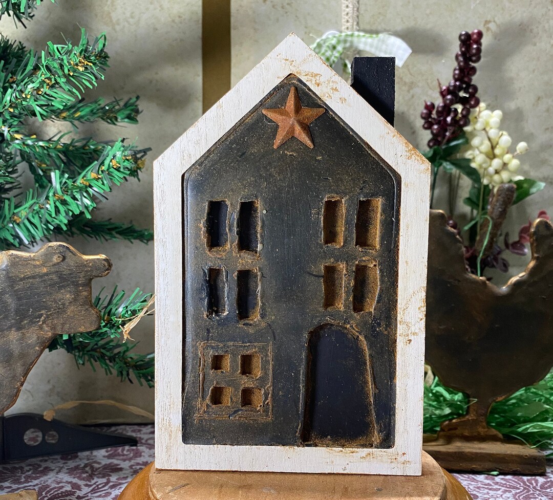 Primitive Salt Box House, Window, Shelf Sitter, Wood and Blackened ...