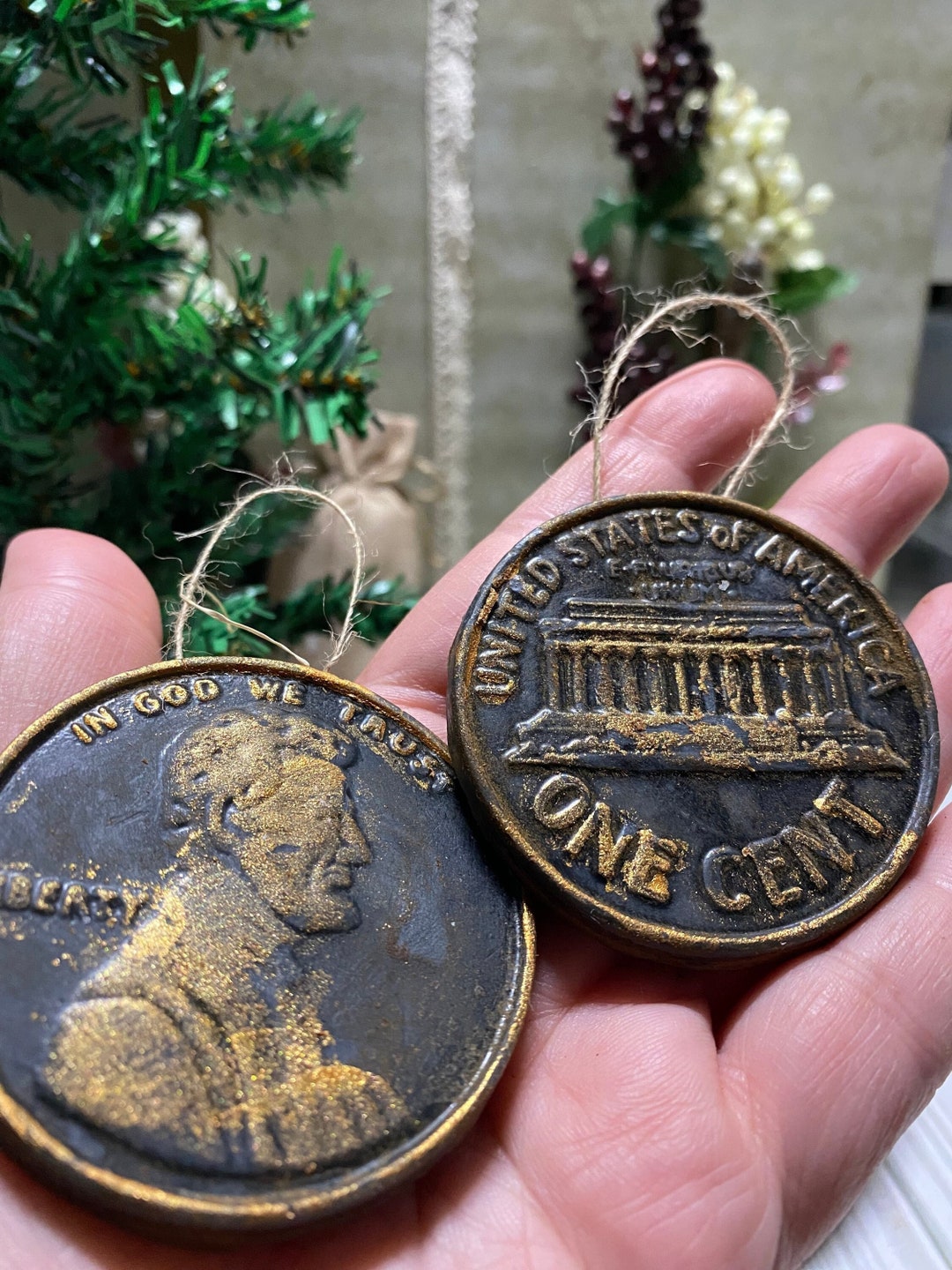One Cent, American Penny Ornament, ONE-SIDED, Blackened Beeswax Dusted ...