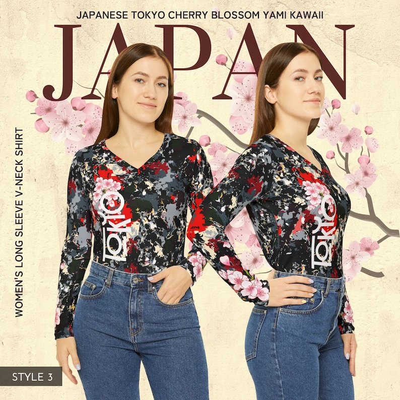 Japanese Tokyo Cherry Blossom Yami Kawaii Women's Long Sleeve V-neck ...