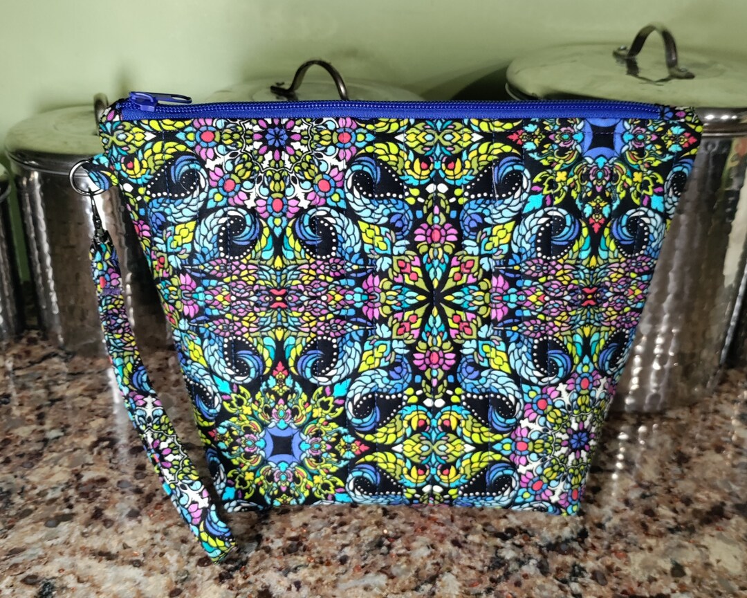 Quilted Mosaic Makeup Bag With Removable Strap - Blue Zipper 0739 - Etsy