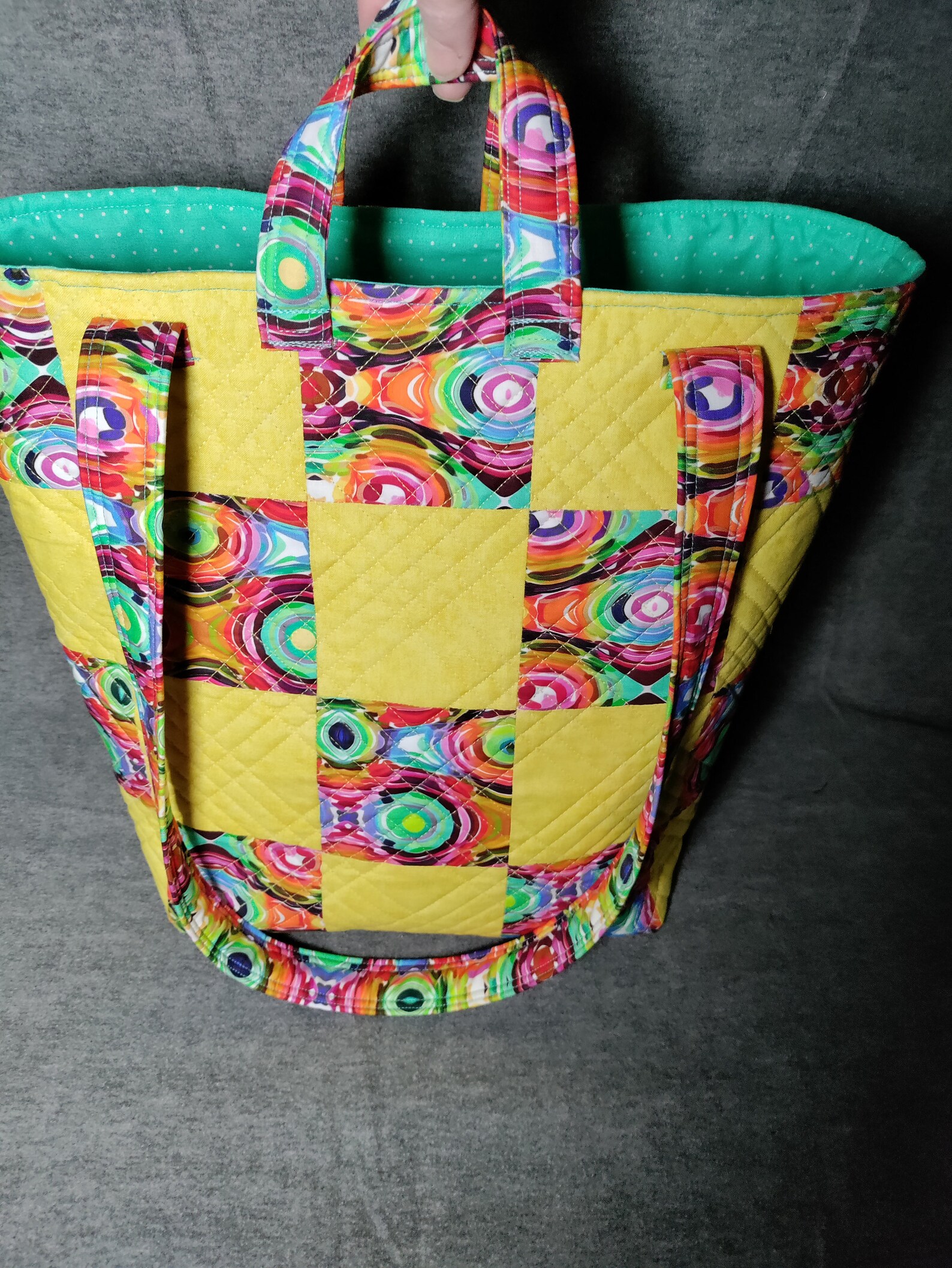 Large Bright Checkered Beach Tote. Open Top. Long and Short Handles ...