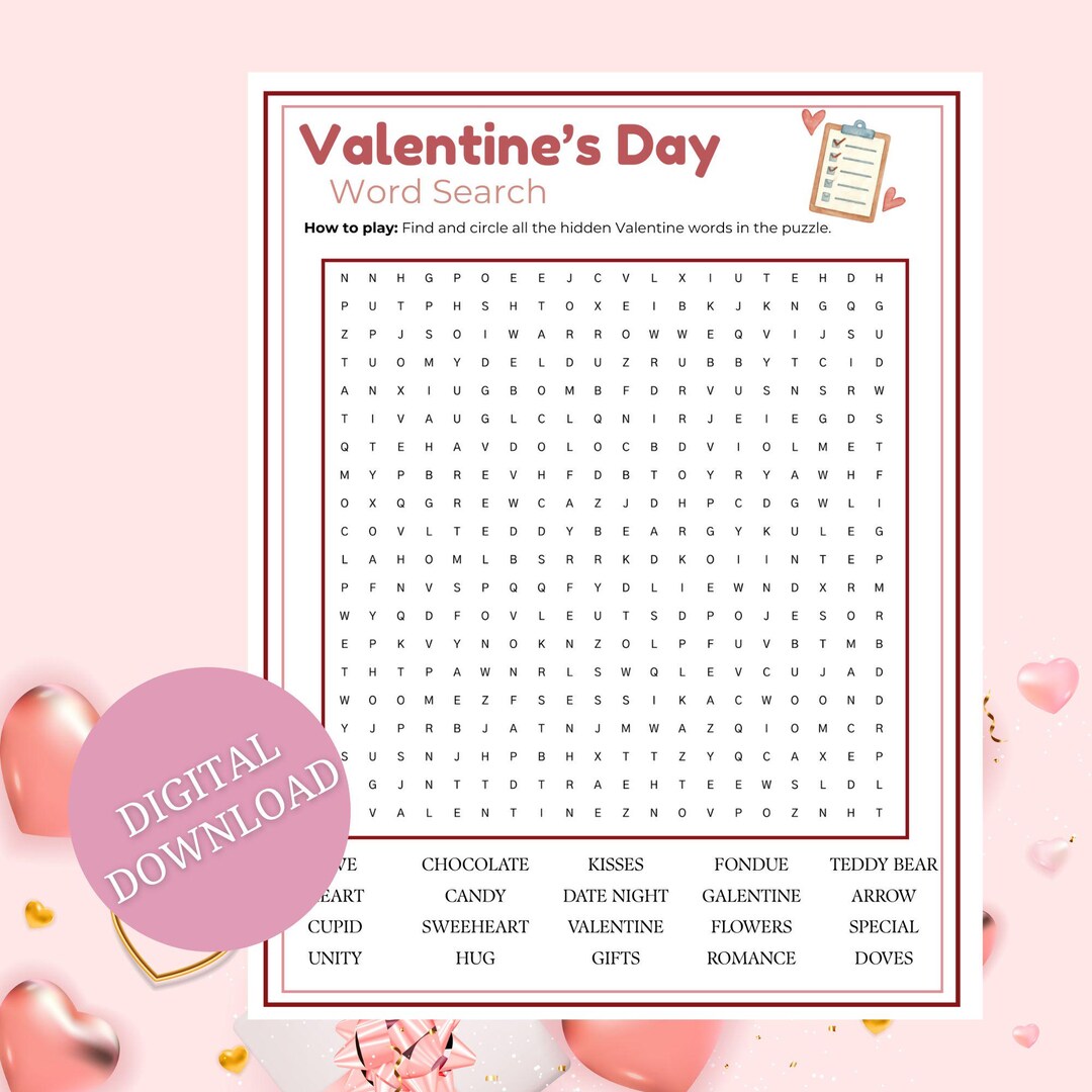 Valentine’s Day Word Search Printable Game, Valentine Puzzle for Kids ...
