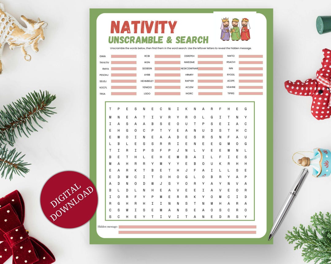 Nativity Story Unscramble & Word Search | Christmas Bible Activity ...