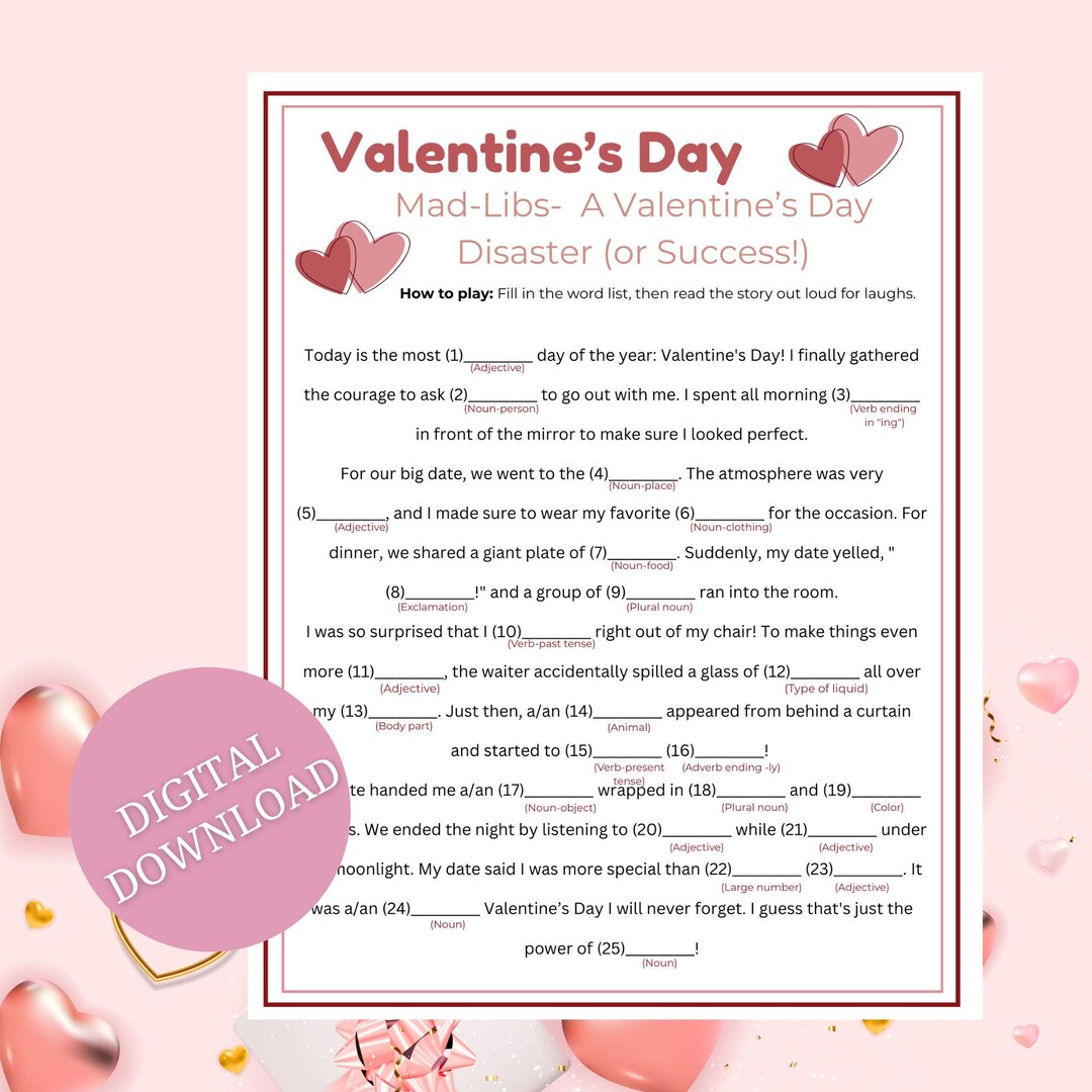 Valentine’s Day Mad Libs Game Printable | Funny Valentine Party Game ...