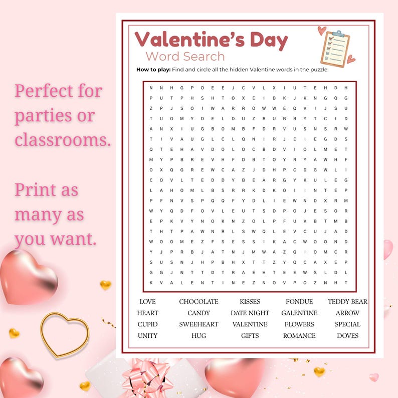 Valentine’s Day Word Search Printable Game, Valentine Puzzle for Kids ...