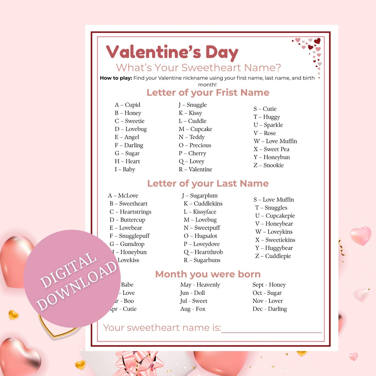 What’s Your Sweetheart Name Game | Valentine’s Day Printable | Fun ...