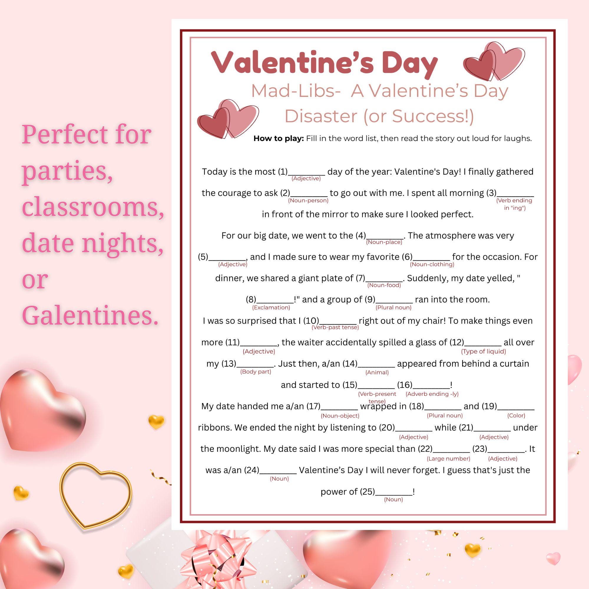 Valentine’s Day Mad Libs Game Printable | Funny Valentine Party Game ...