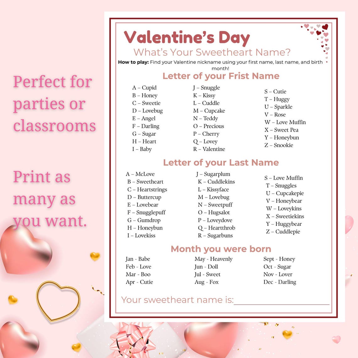 What’s Your Sweetheart Name Game | Valentine’s Day Printable | Fun ...