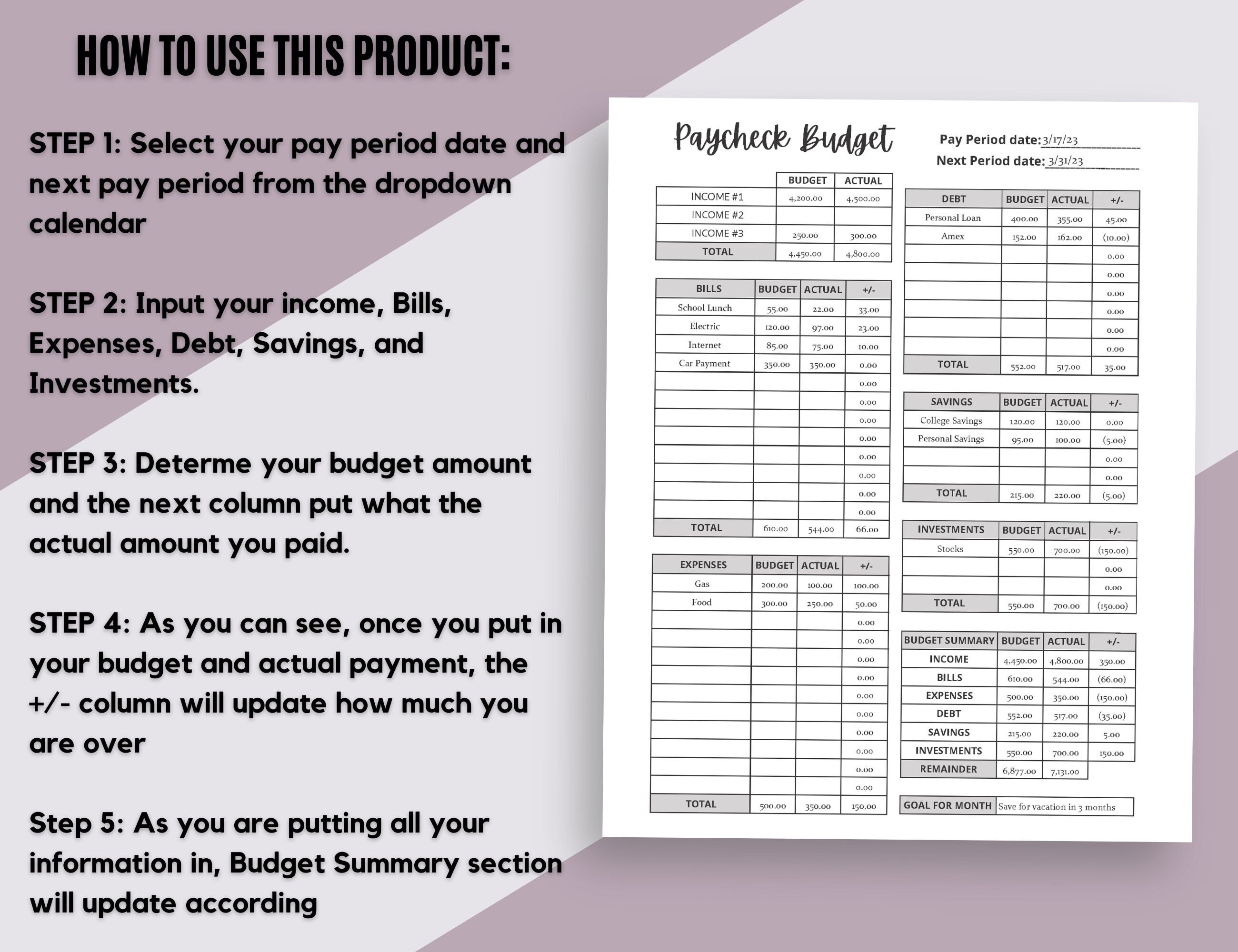 Printable Paycheck Budget Planner/paycheck Breakdown/paycheck Budget ...