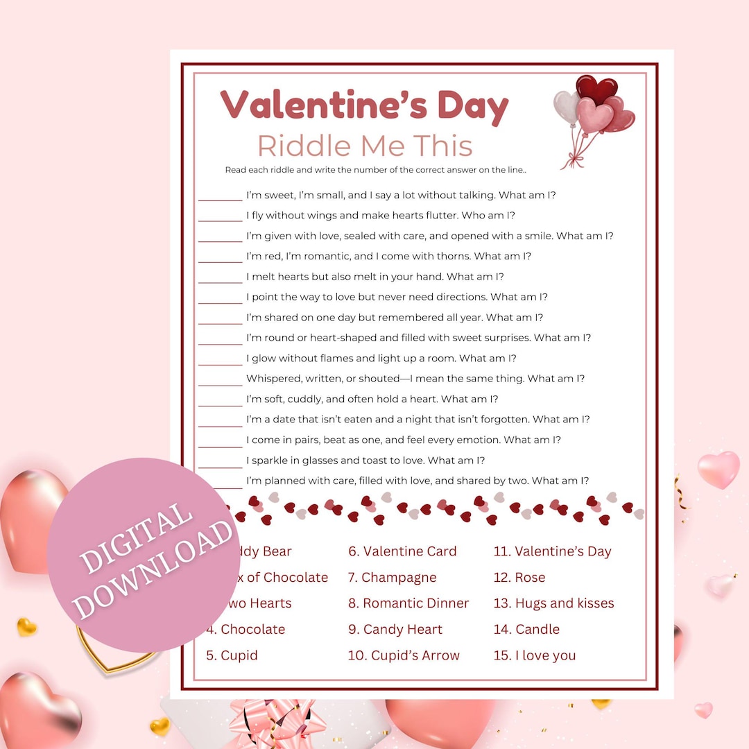 Valentine’s Day Riddles Game Printable | Riddle Me This Valentine Game ...