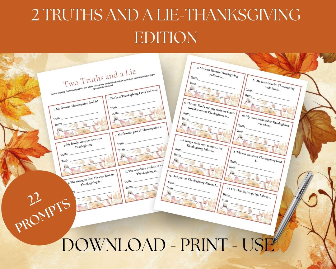 Thanksgiving Fun: Two Truths and a Lie Printable With 22 Prompts ...