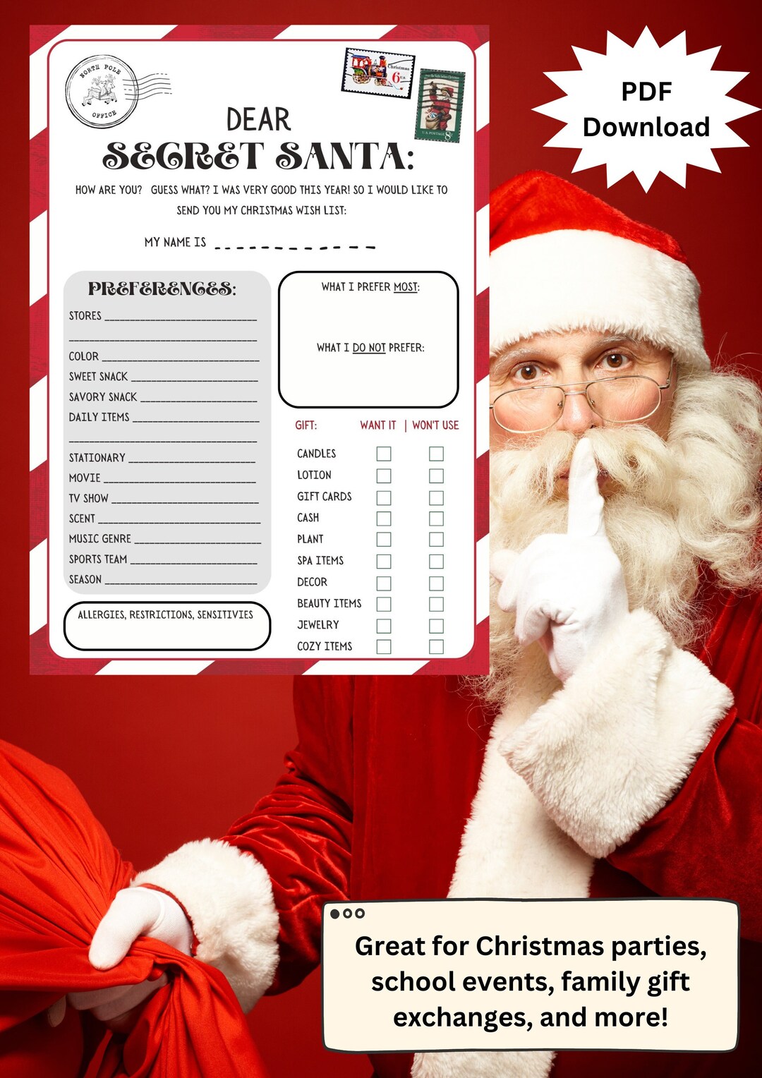 Printable Secret Santa Gift Exchange Questionnaire for Christmas and ...