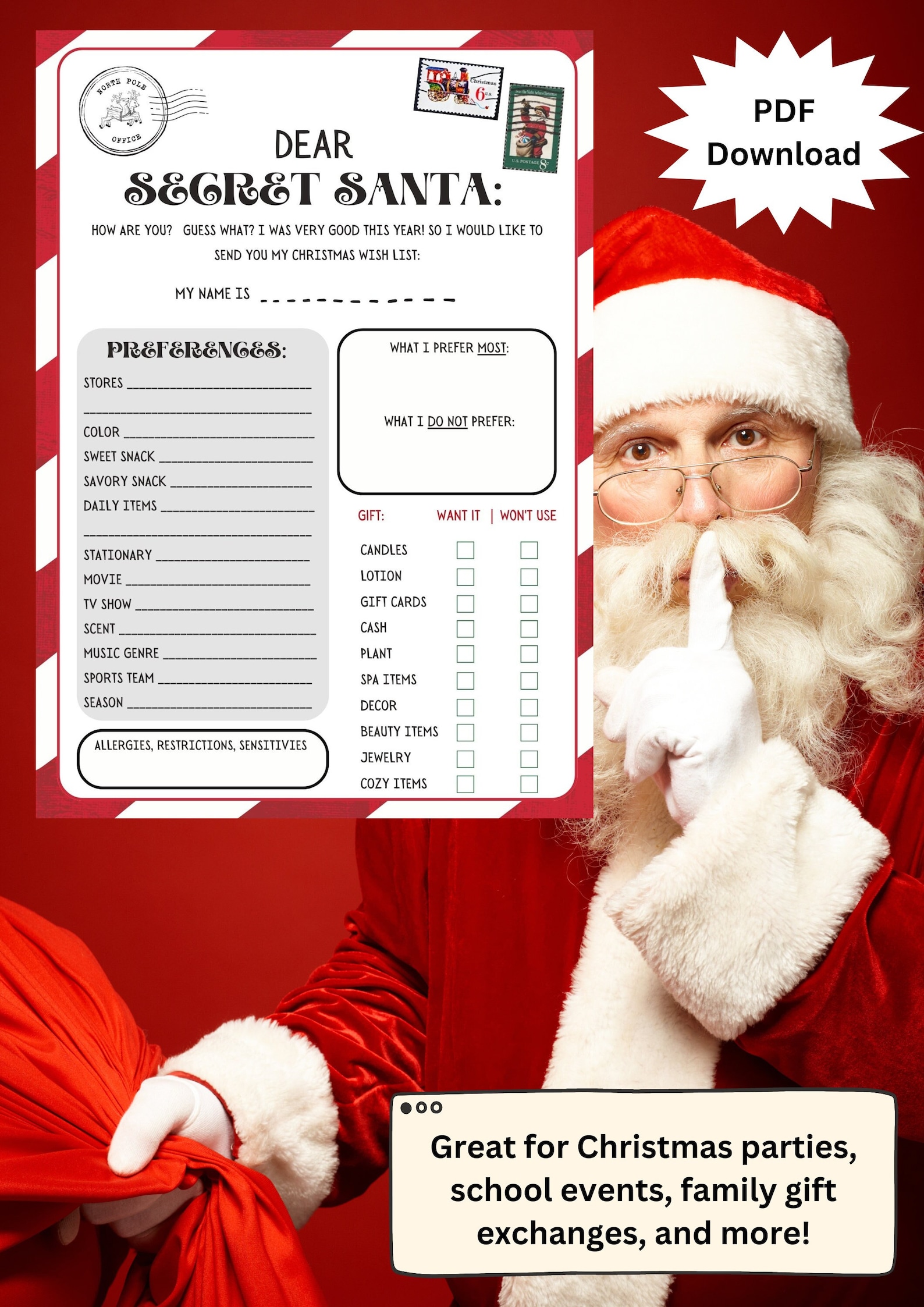 Printable Secret Santa Gift Exchange Questionnaire for Christmas and ...
