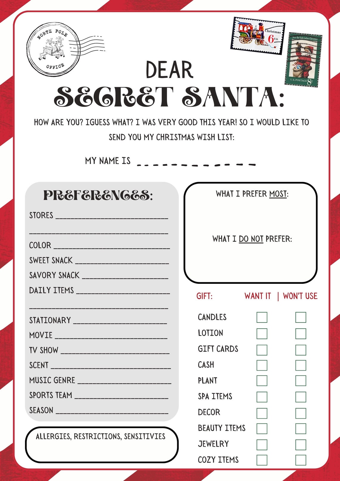 Printable Secret Santa Gift Exchange Questionnaire for Christmas and ...