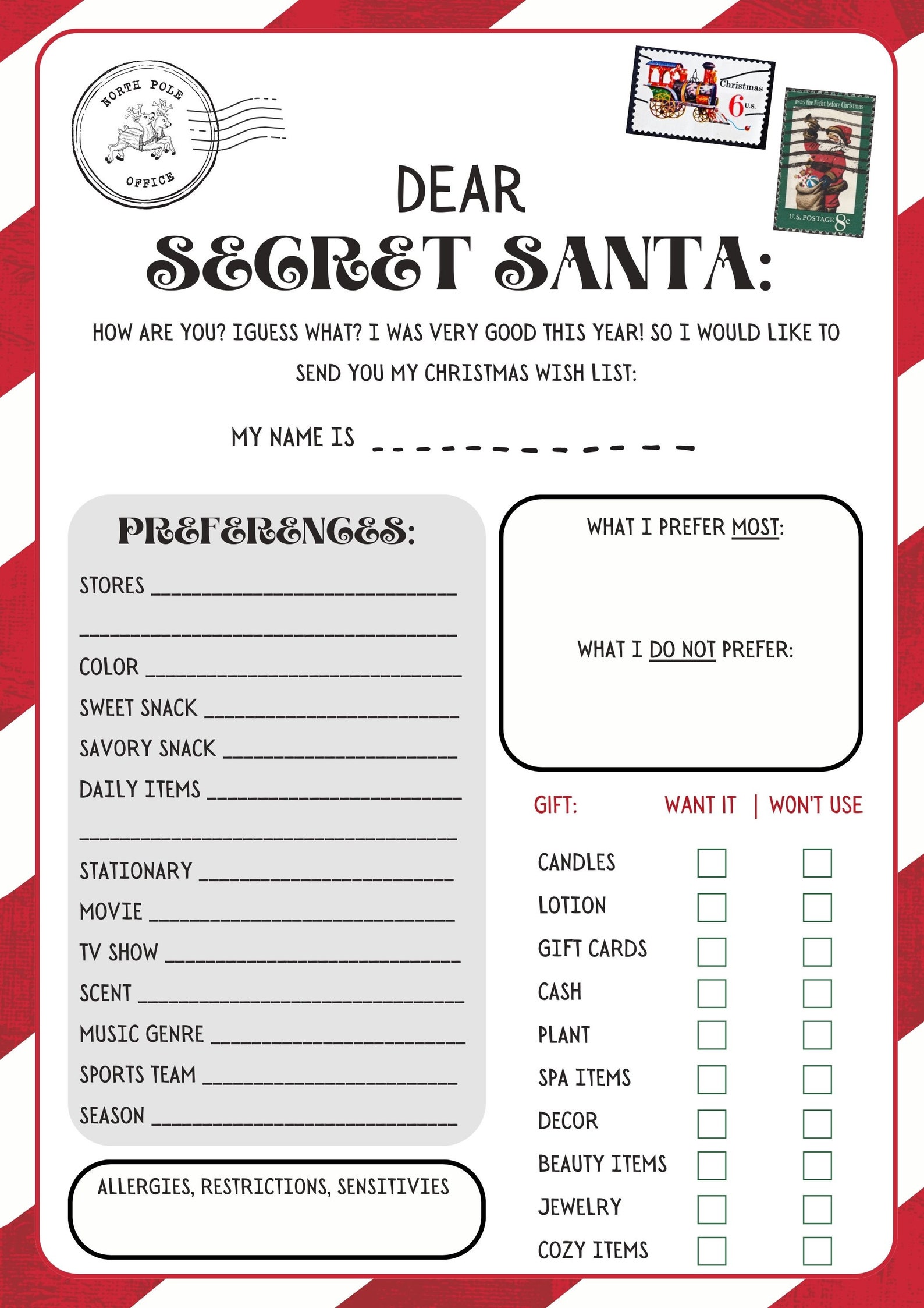 Printable Secret Santa Gift Exchange Questionnaire for Christmas and ...