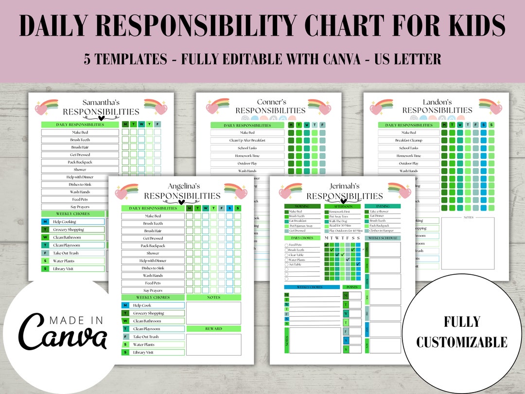 Customizable Kids Daily Responsibilities Chart Templates 5 - Etsy