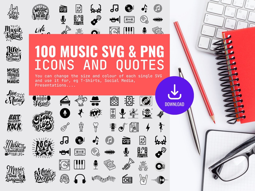 100 Music Icons, SVG, PNG, Clipart for Digital Download, Symbols and ...