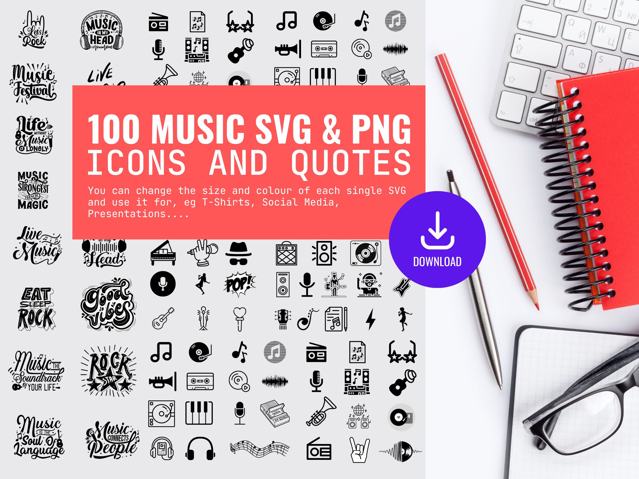 100 Music Icons, SVG, PNG, Clipart for Digital Download, Symbols and ...
