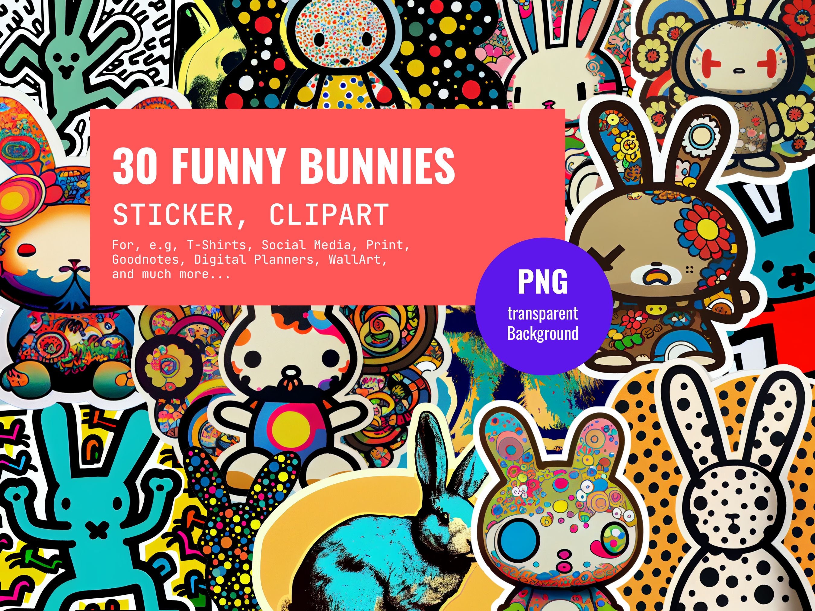 Funny Art Bunnies Sticker Pack, Easterbunny, Digital Planner Stickers ...