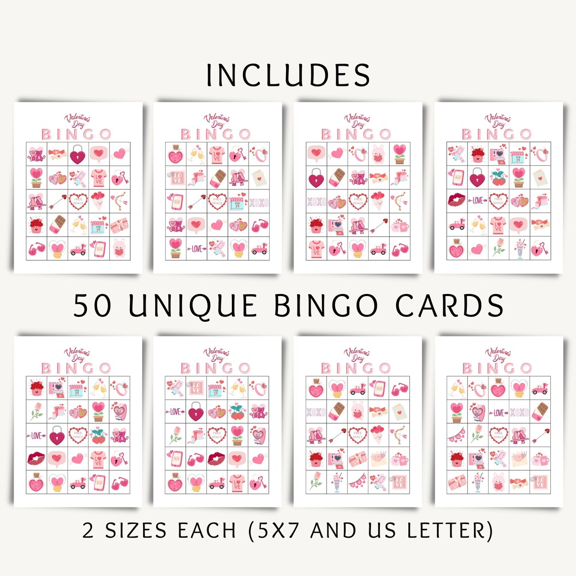 Valentines Bingo Cards for Kids, 50 Unique Printable Bingo Cards ...