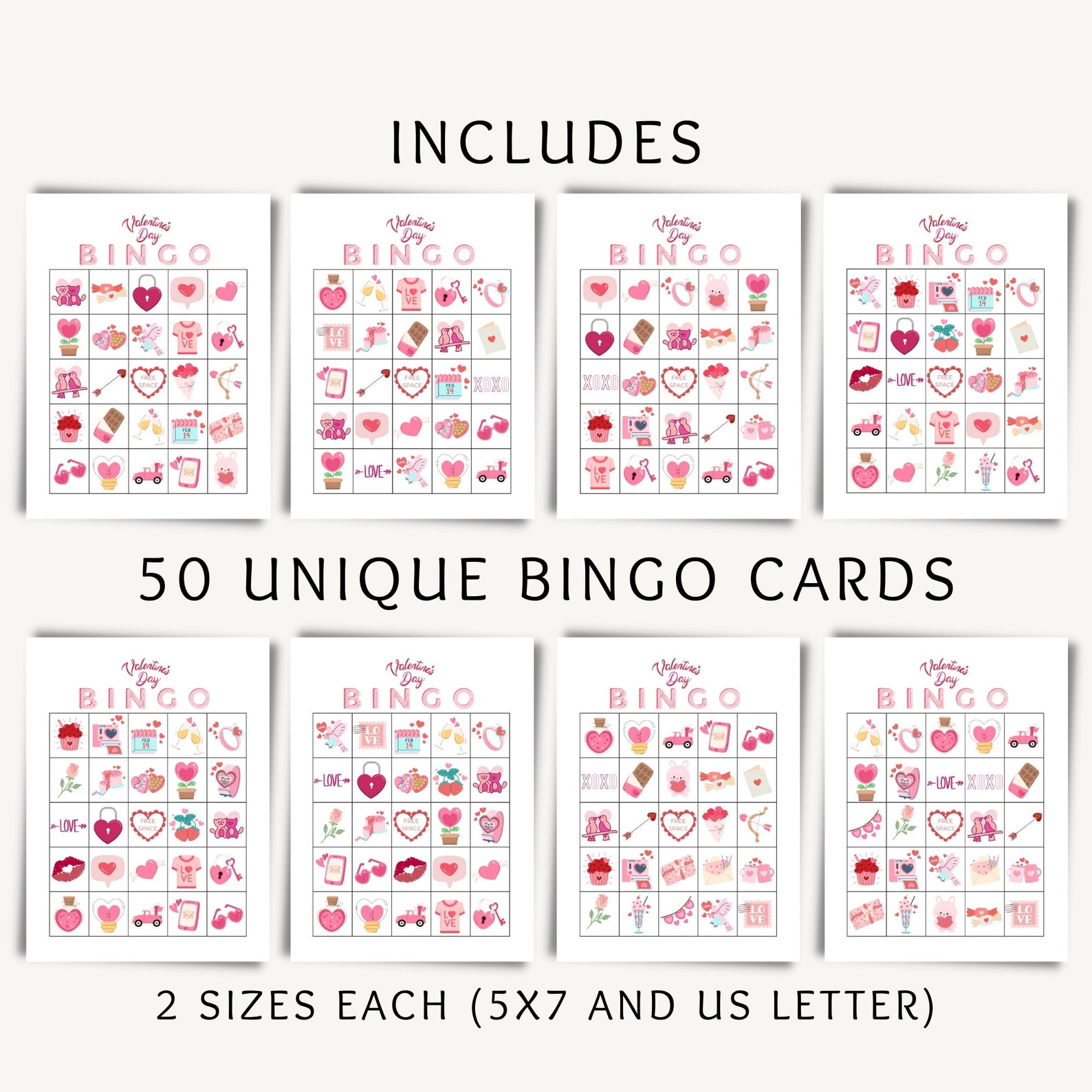 Valentines Bingo Cards for Kids, 50 Unique Printable Bingo Cards ...