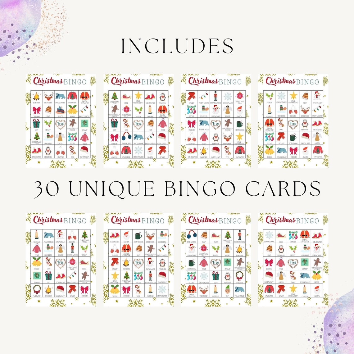 Christmas Bingo Cards Printable, 30 Unique Bingo Cards for Kids, Family ...