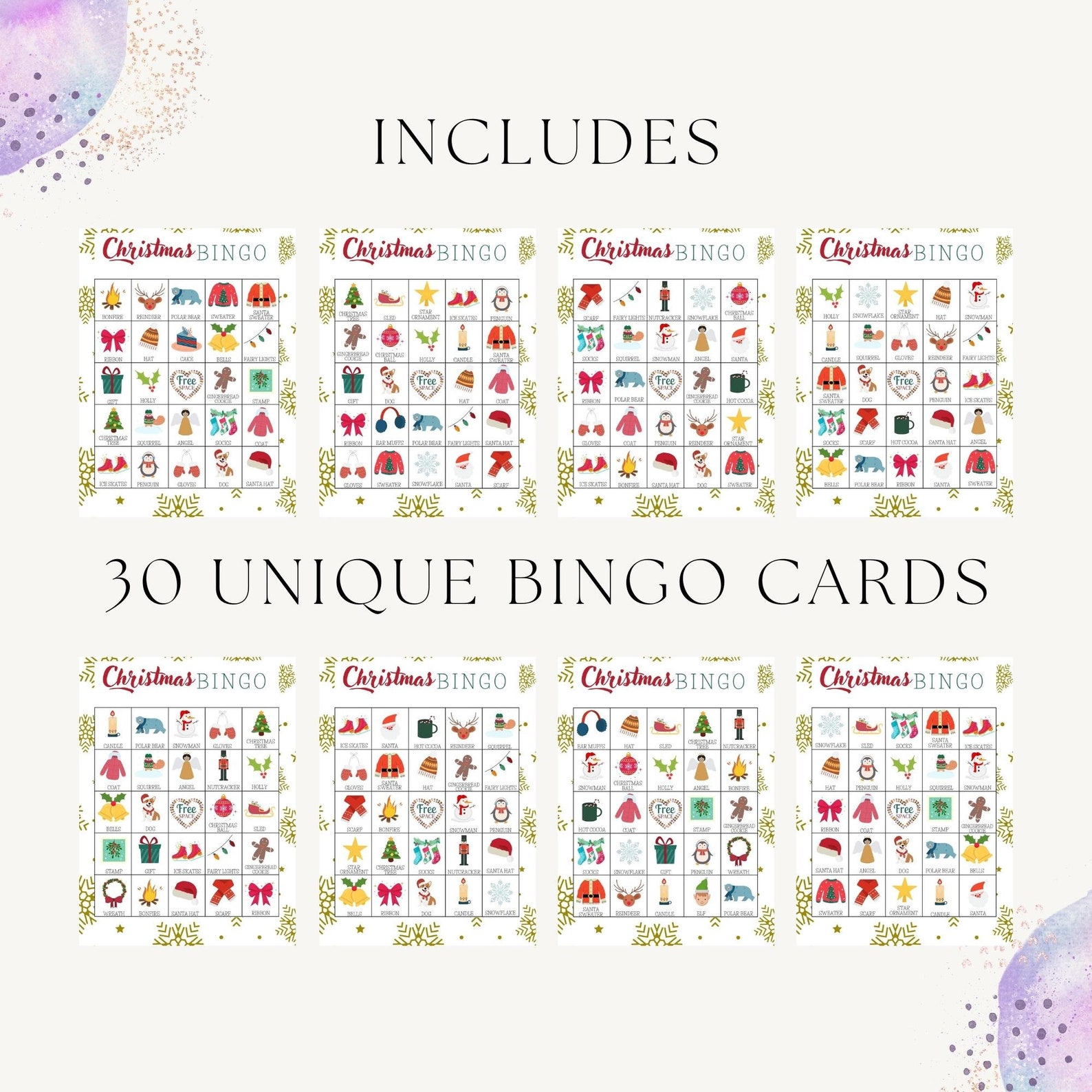 Christmas Bingo Cards Printable, 30 Unique Bingo Cards for Kids, Family ...