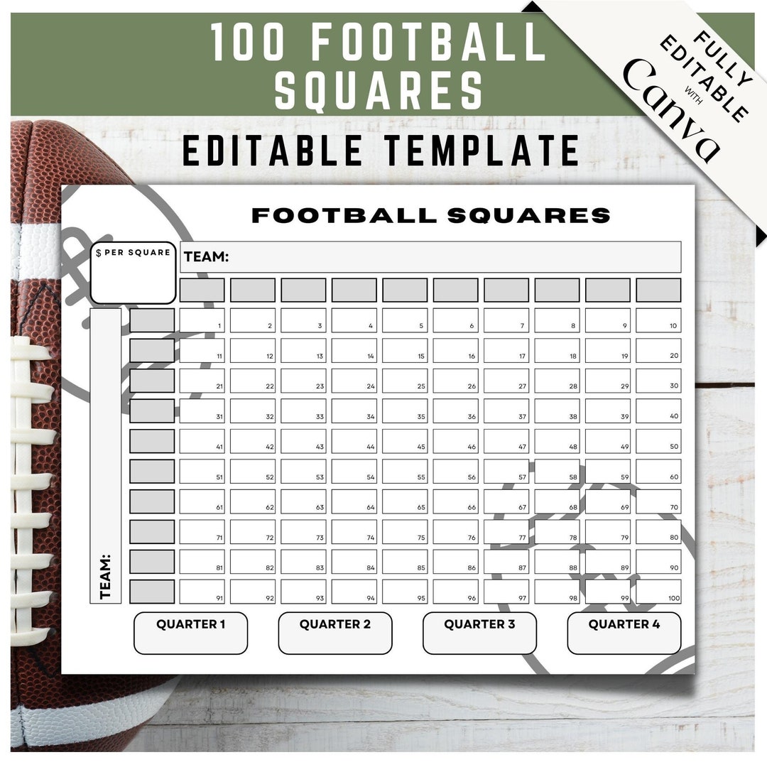 100 Square Football Pool Template, Numbered Football Squares Pool ...