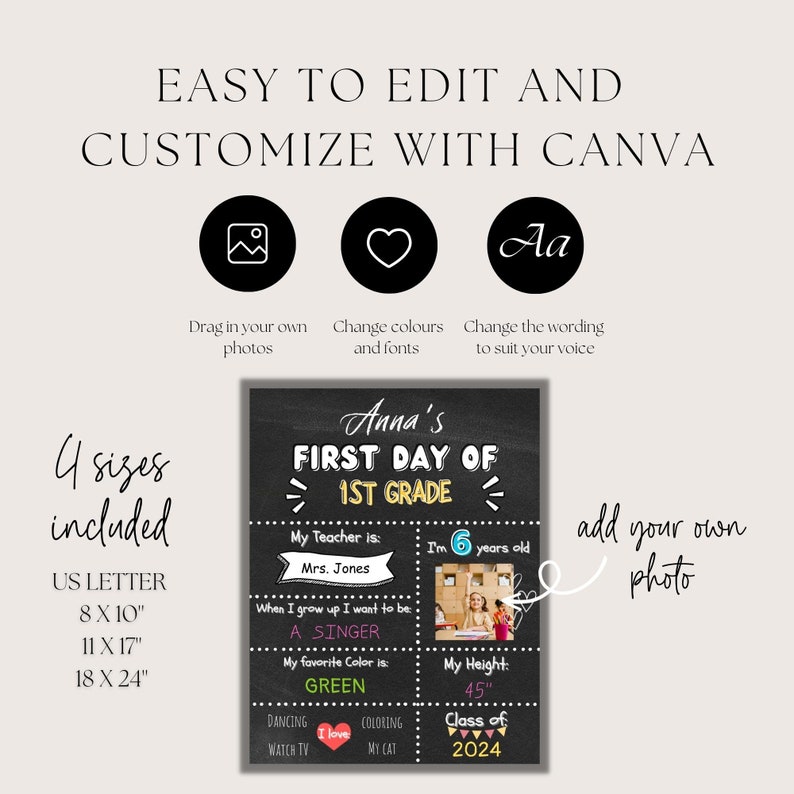 Printable First Day of School Sign, Chalkboard Back to School Sign With ...