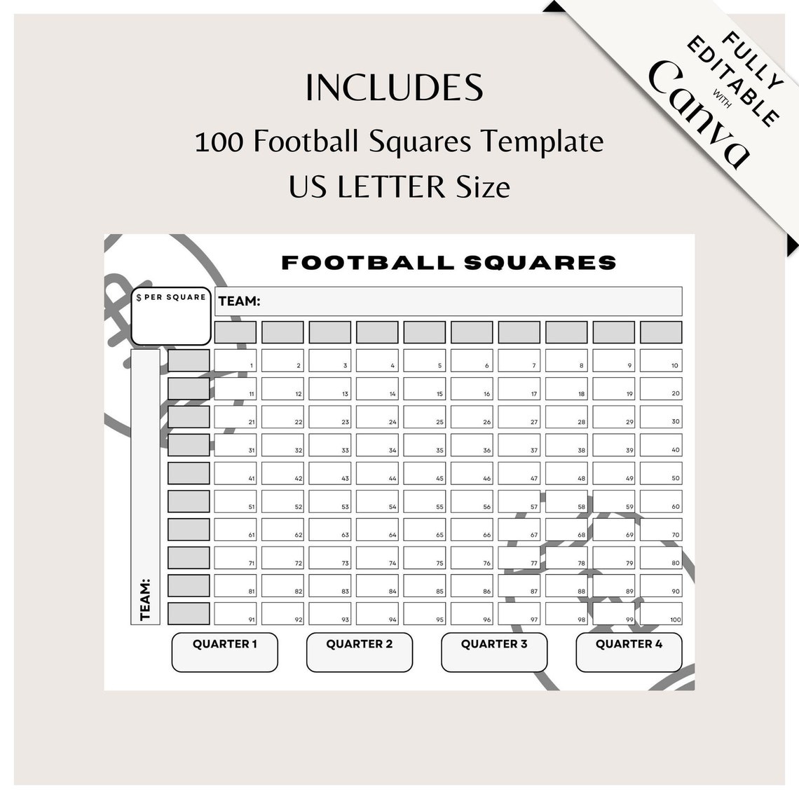 100 Square Football Pool Template, Numbered Football Squares Pool ...