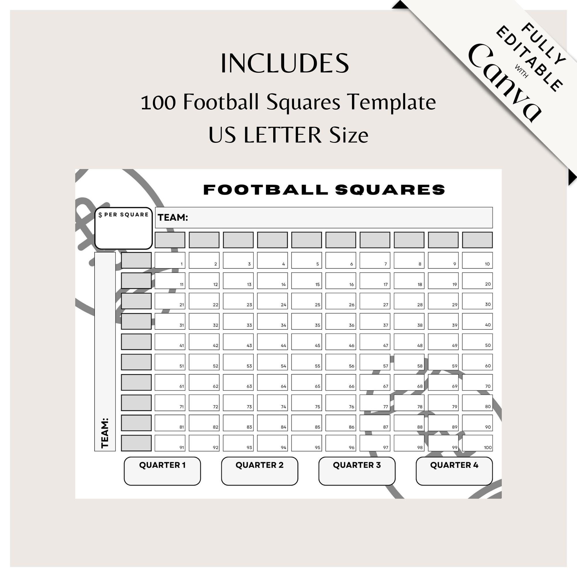 100 Square Football Pool Template Numbered Football Squares Etsy