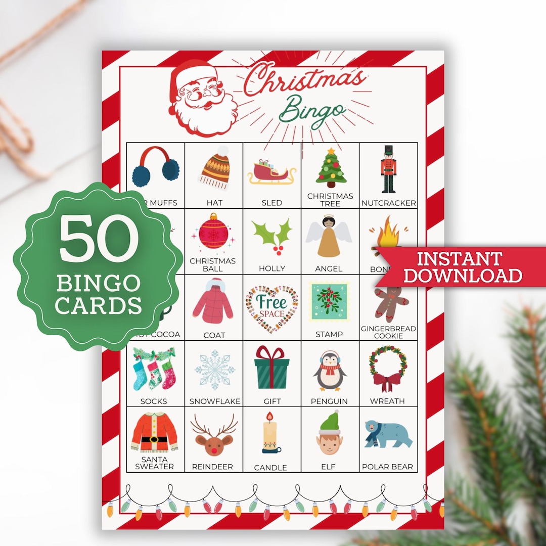Christmas Bingo Printable Game, 50 Unique Bingo Xmas Cards for Kids ...