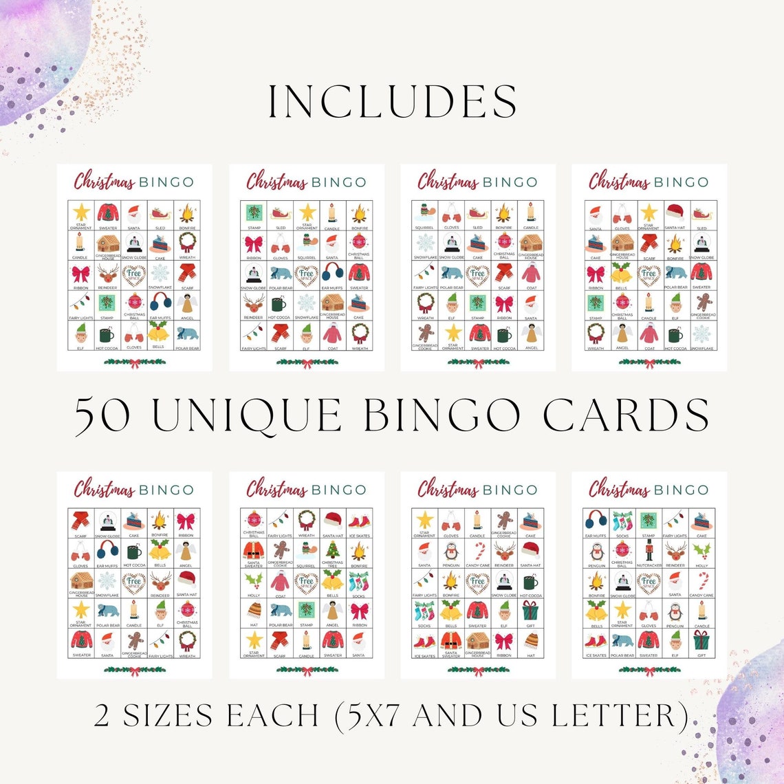 Christmas Bingo Printable Game for Kids, Family and Friends, 50 Unique ...