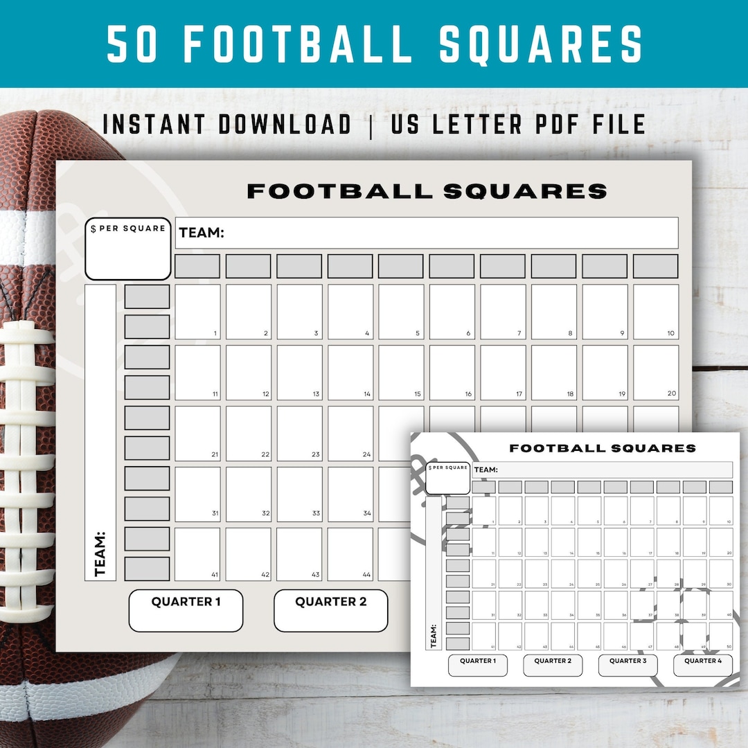 Downloadable Football Squares, 50 Numbered Squares Pool, Football ...