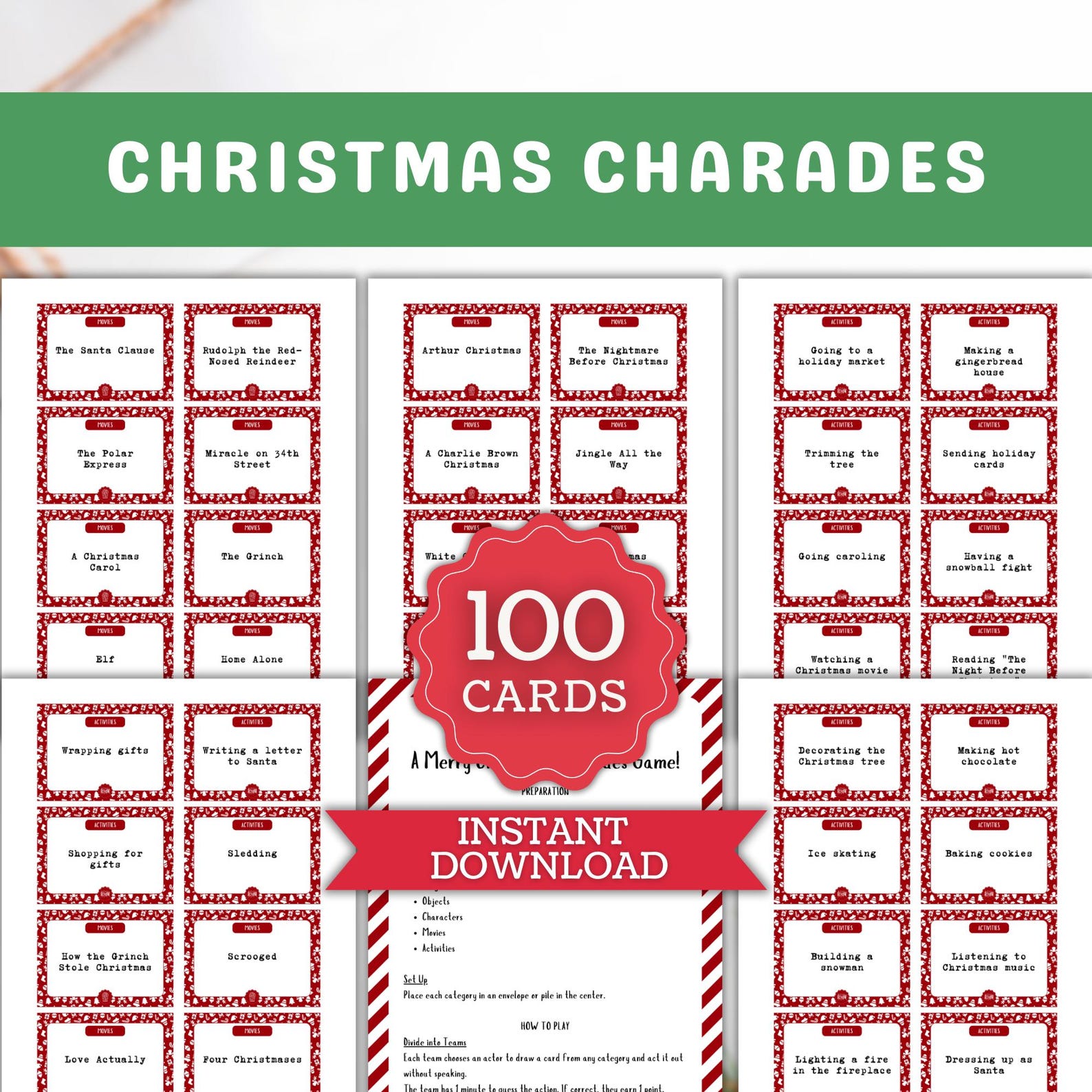 Christmas Charades Game Cards , Party Games for Kids, Family and ...