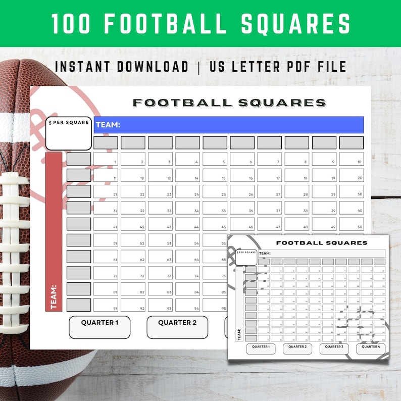 Printable Football Squares 100, Numbered Football Squares Pool ...