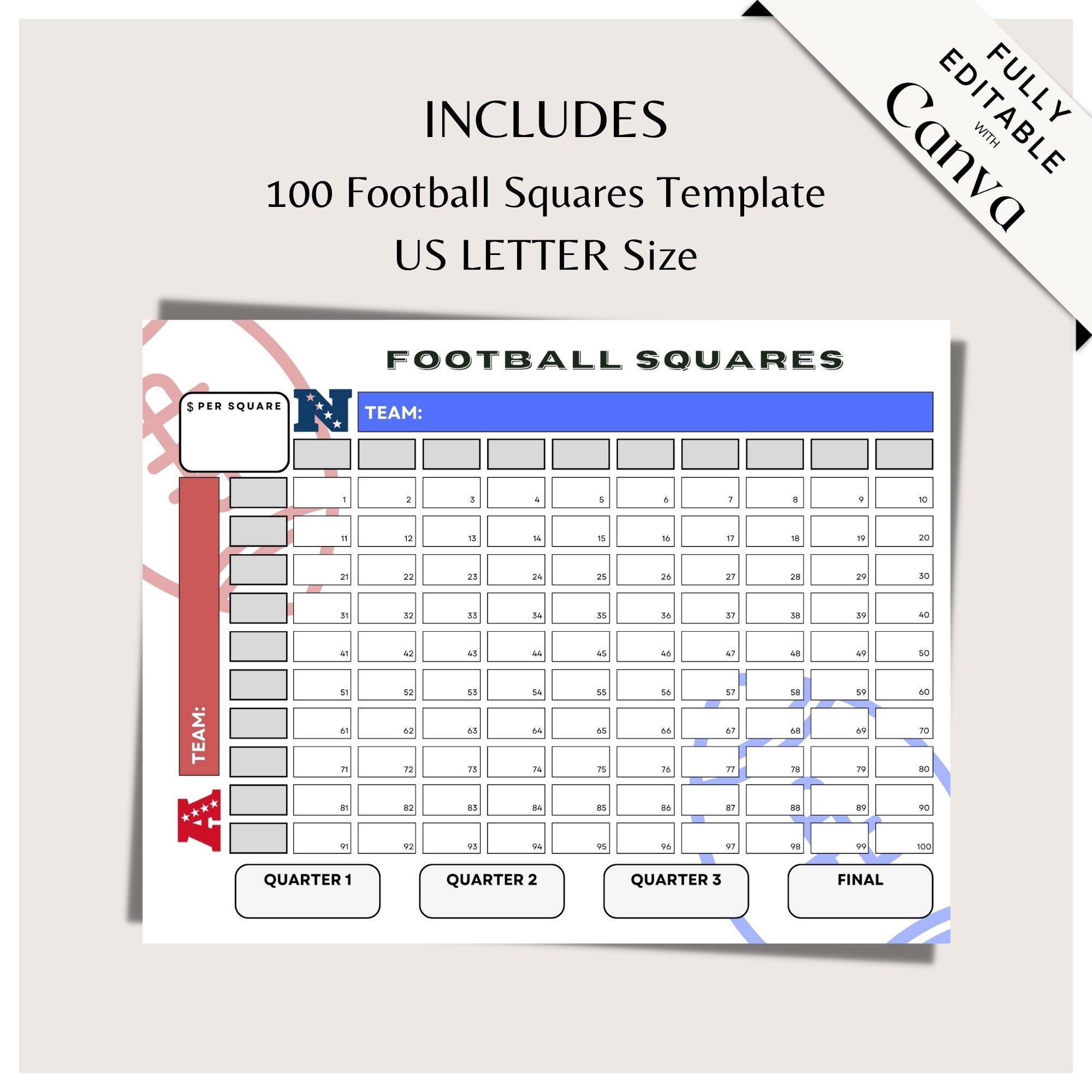 Football Squares Pool Template, 100 Super Bowl Numbered Squares ...