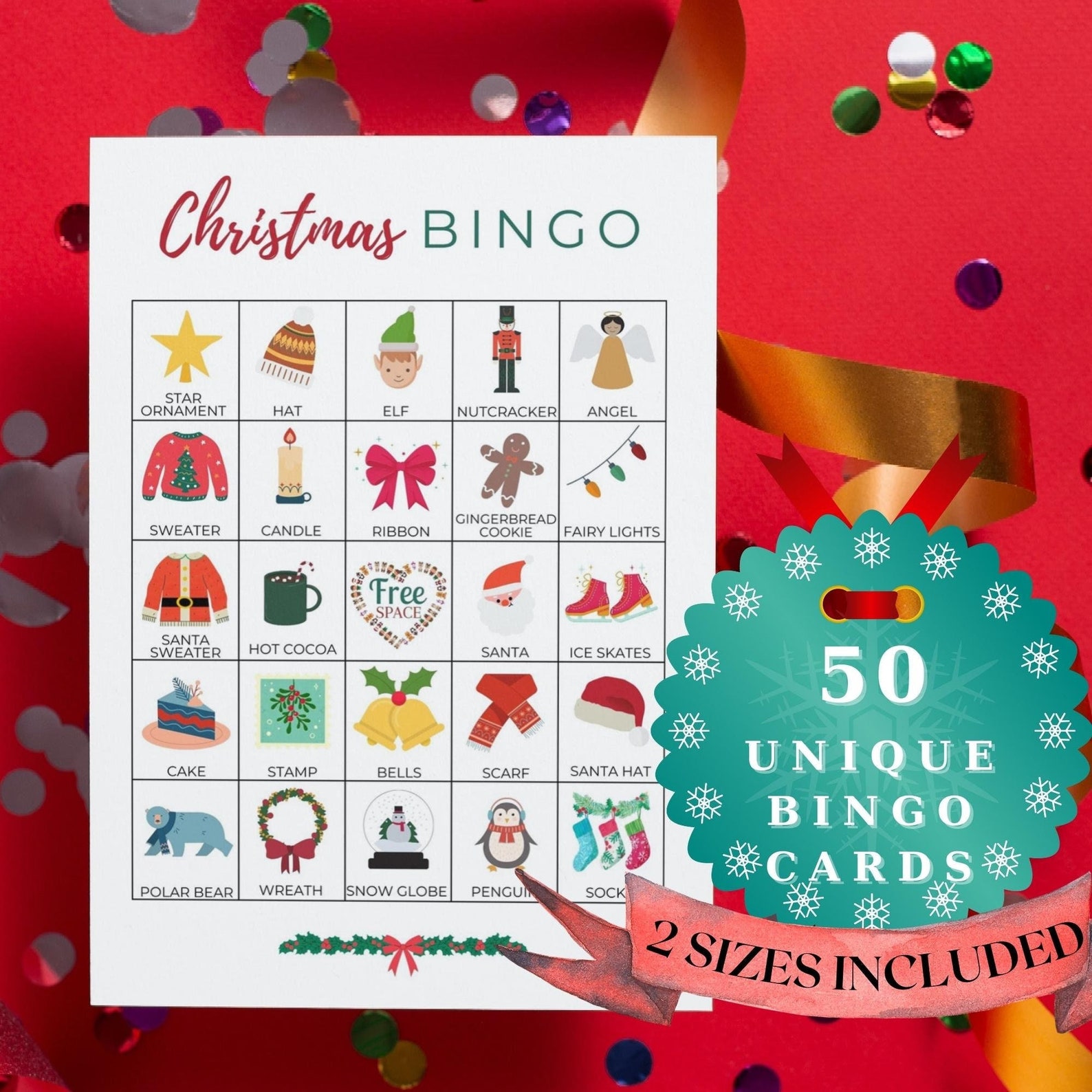 Christmas Bingo Printable Game for Kids, Family and Friends, 50 Unique ...