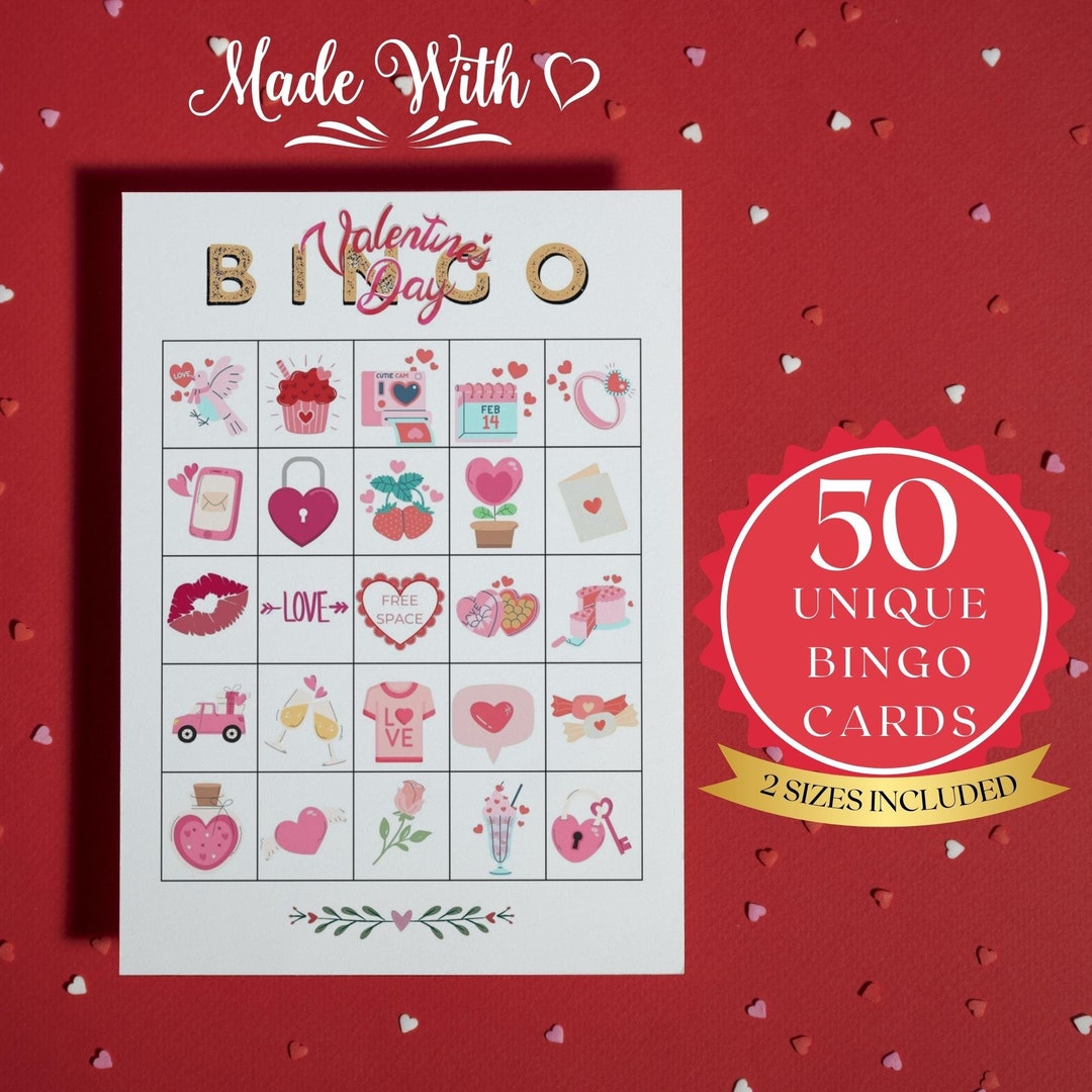 Valentine Bingo Instant Download, 50 Unique Bingo Cards, Valentine's ...