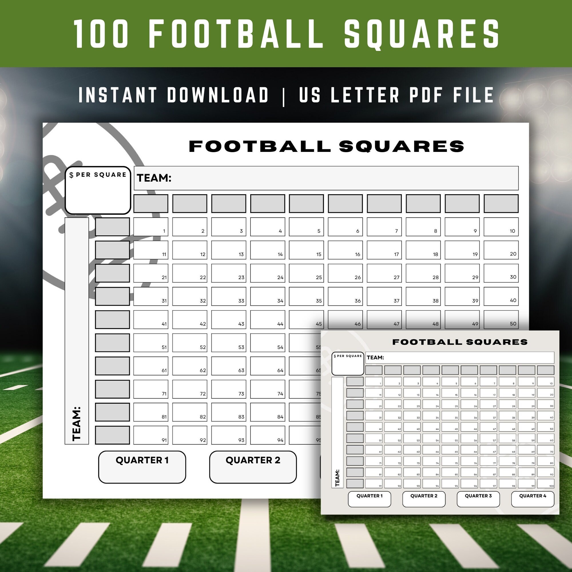 Football Pool Sheets 100 Squares, Numbered Football Squares, Football ...