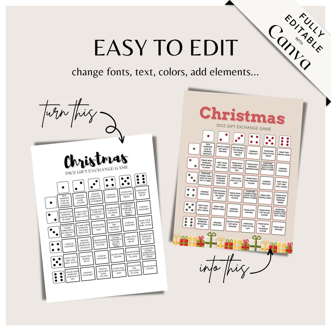 Christmas Gift Exchange Dice Games, Fully Editable Christmas Game ...