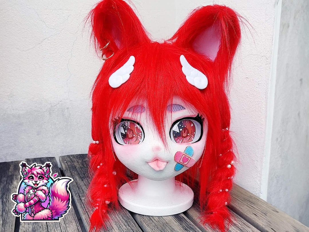 Red Pixie Kigurumi Mask Red & Blue Kig Head Base Unisex Cosplay ...