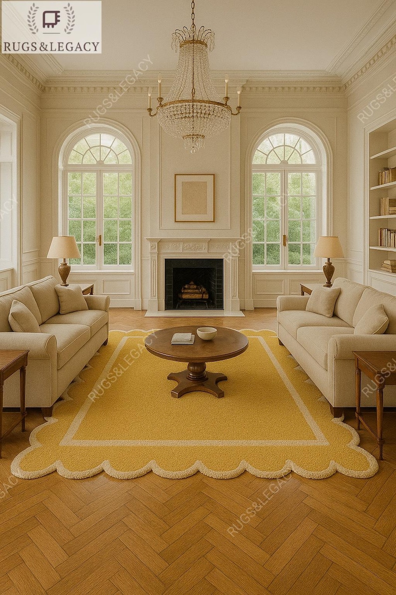 Handmade Vintage Scalloped Wool Rug: Yellow & Ivory, Soft Tufted Area ...