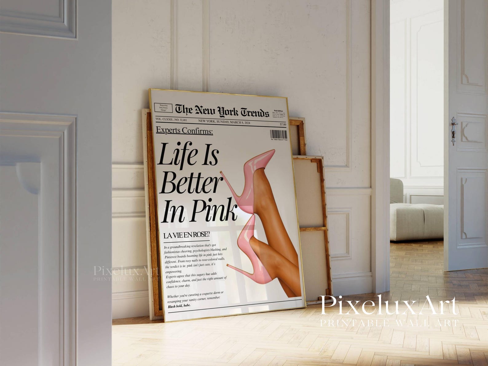 Trendy Newspaper Print, Life is Better in Pink Wall Art, Vintage ...